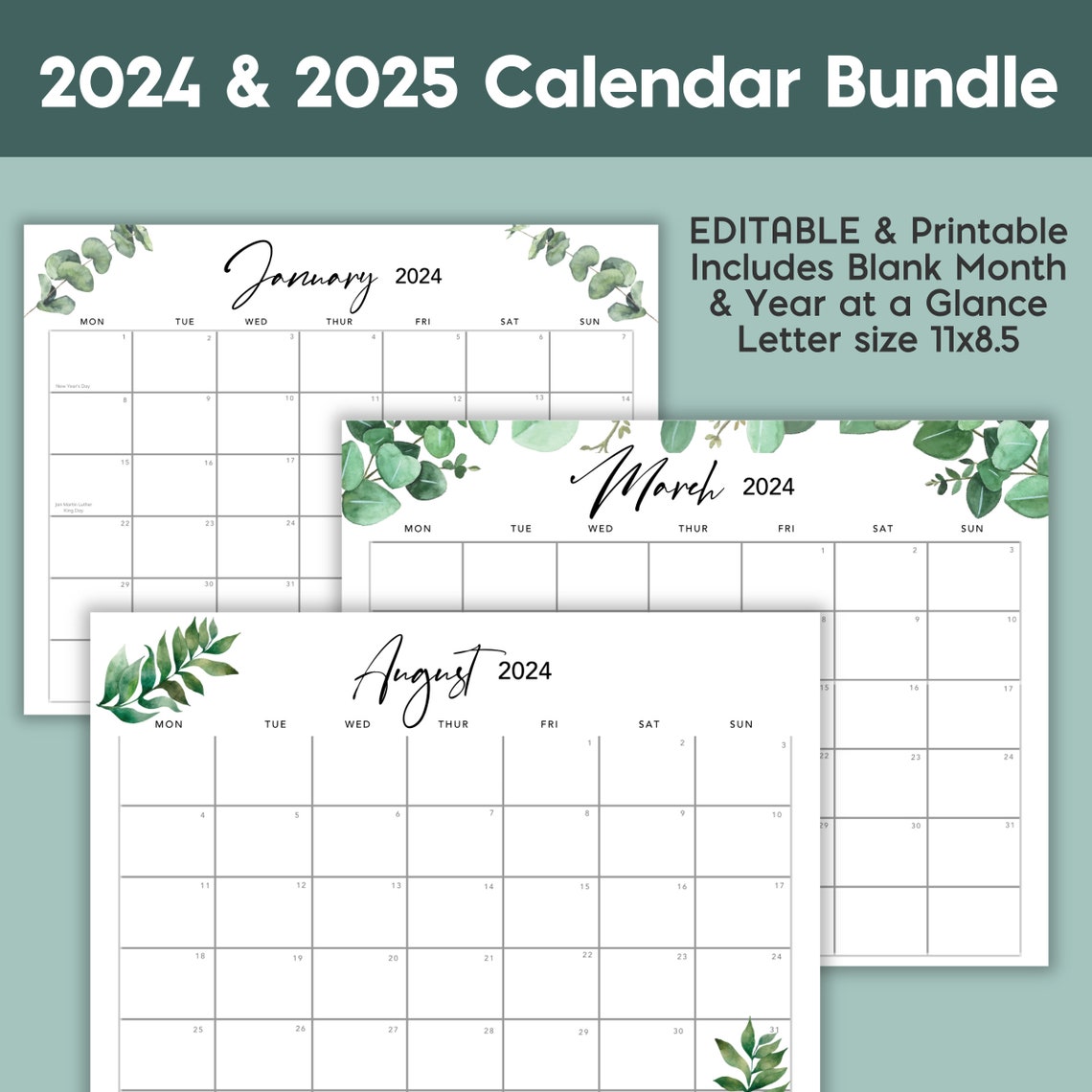 2024 Calendar Printable, Desk or Wall Calendar, Landscape Monthly ...