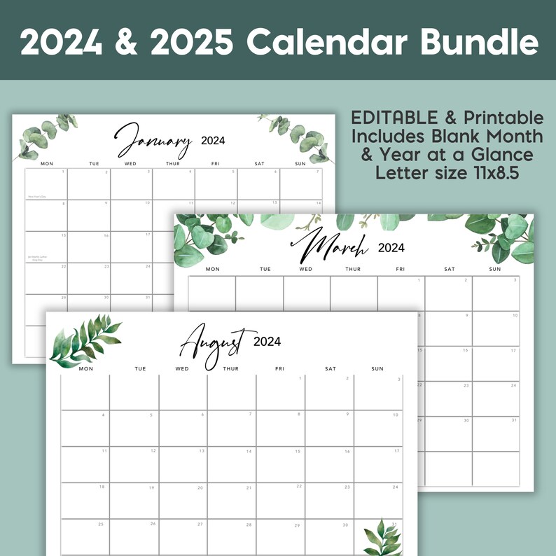 2024 Calendar Printable, Desk or Wall Calendar, Landscape Monthly ...