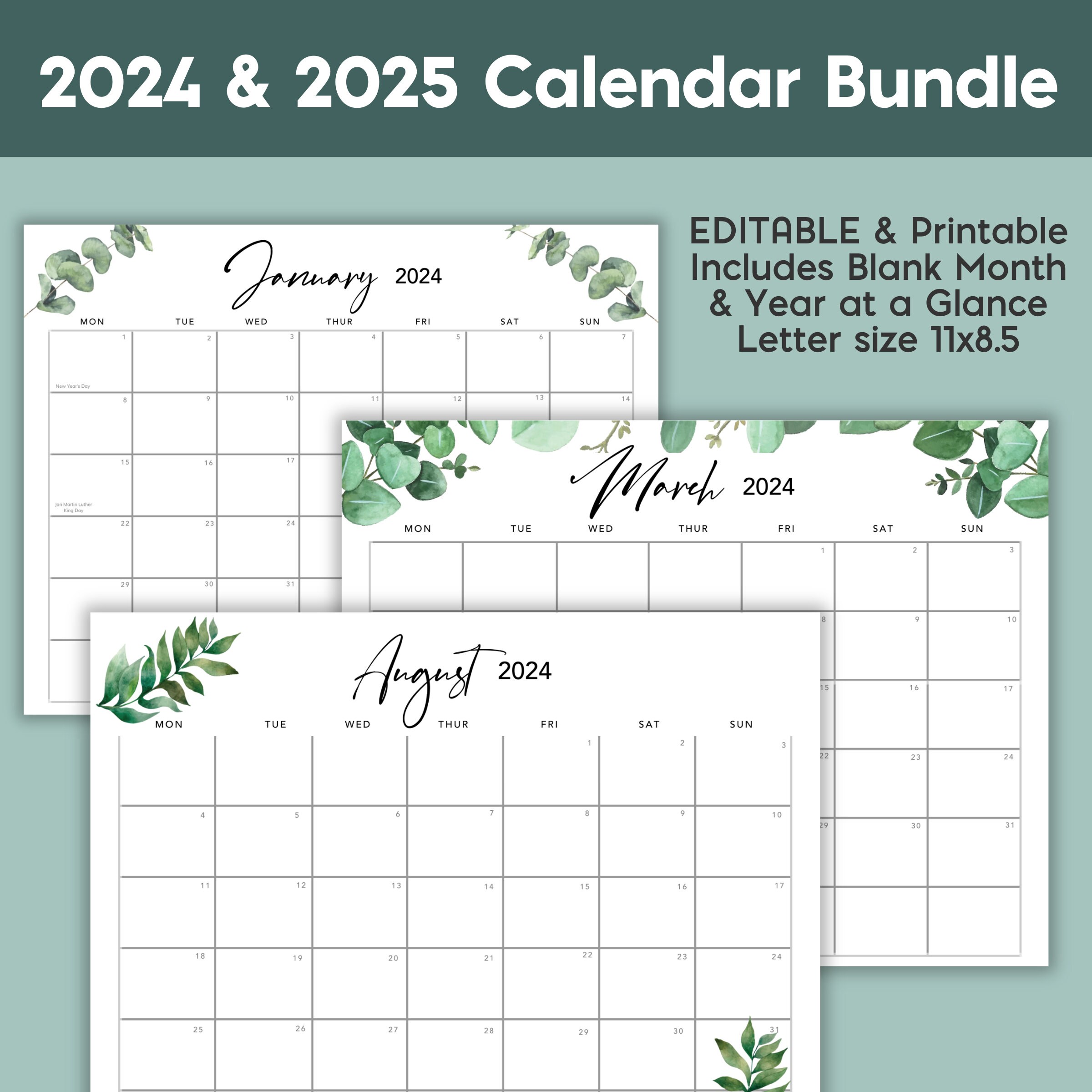 2024 Calendar Printable, Desk or Wall Calendar, Landscape Monthly ...