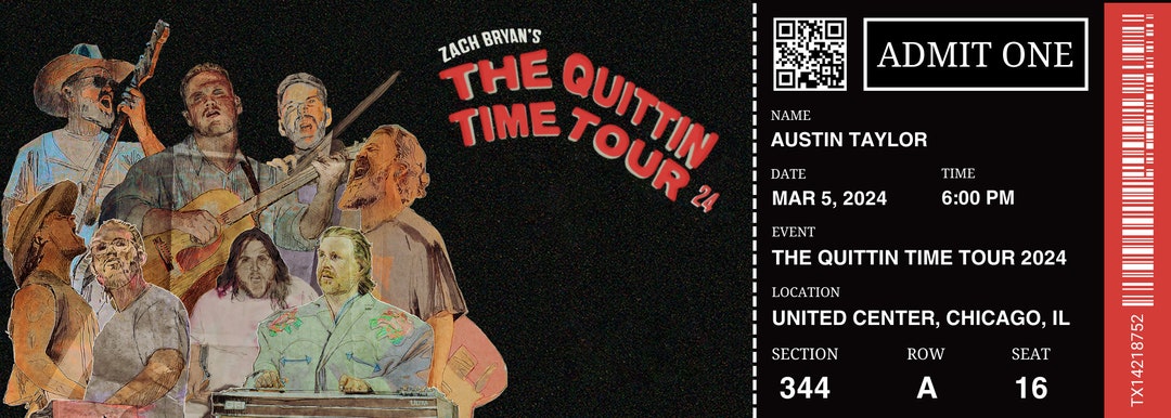 Editable Zach Bryan Tour Concert Ticket, the Quittin Time Tour Ticket, Memorabilia, Surprise ...