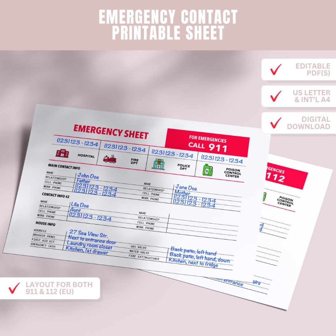Emergency Contact Sheet Instant Download, Fillable PDF, Editable ...
