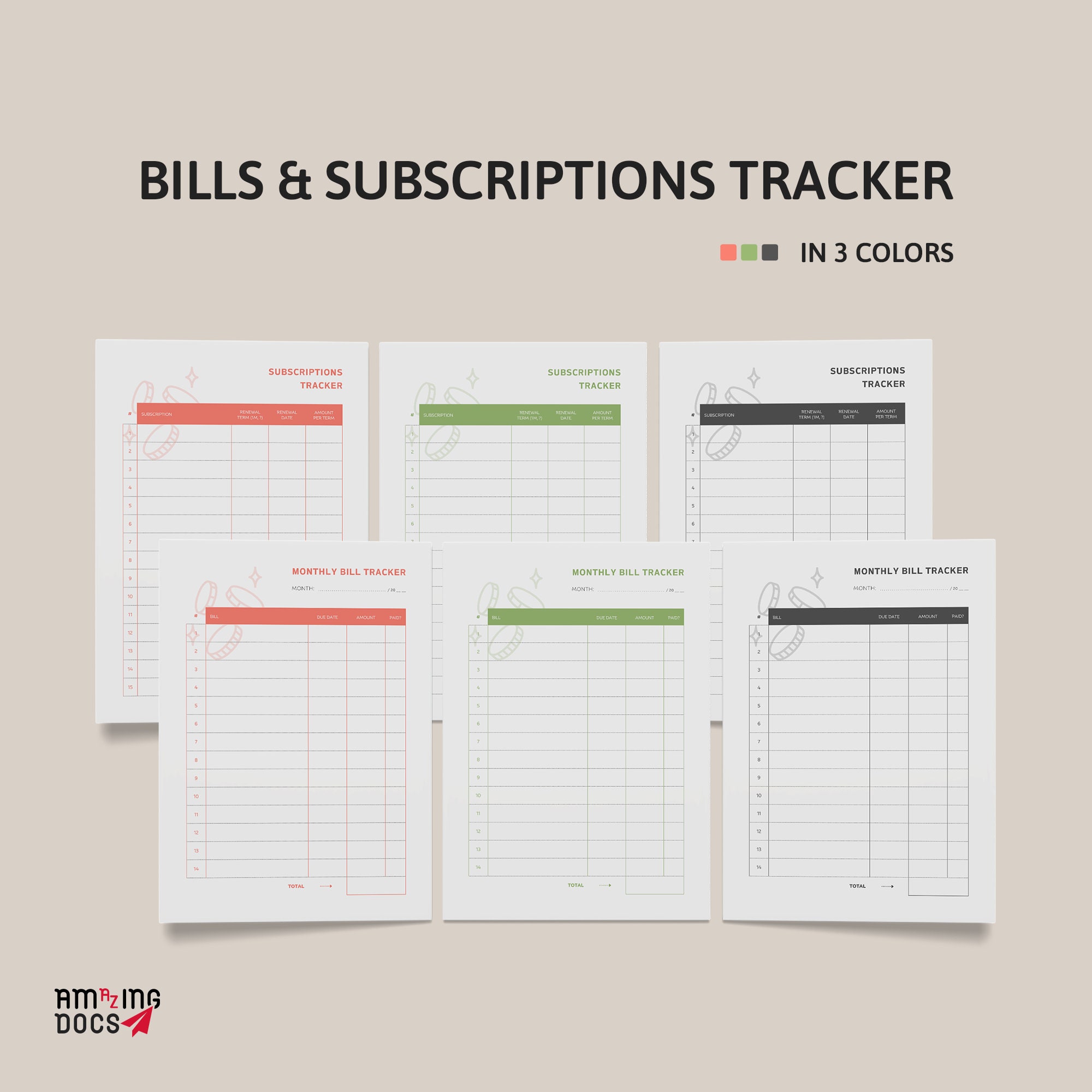 Bills & Subscriptions Printable Tracker - Easy-to-use Organizer ...