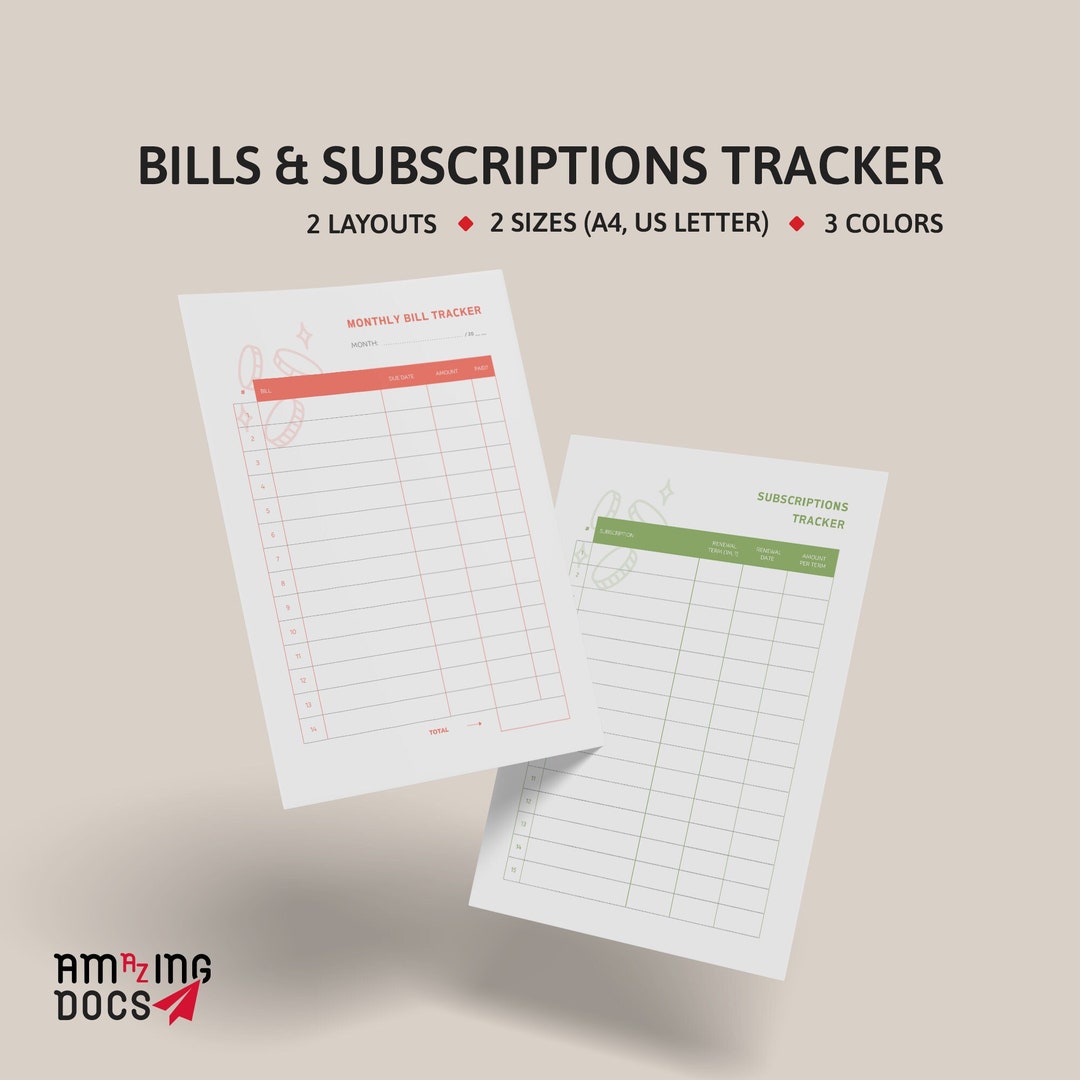 Bills & Subscriptions Printable Tracker - Easy-to-use Organizer ...