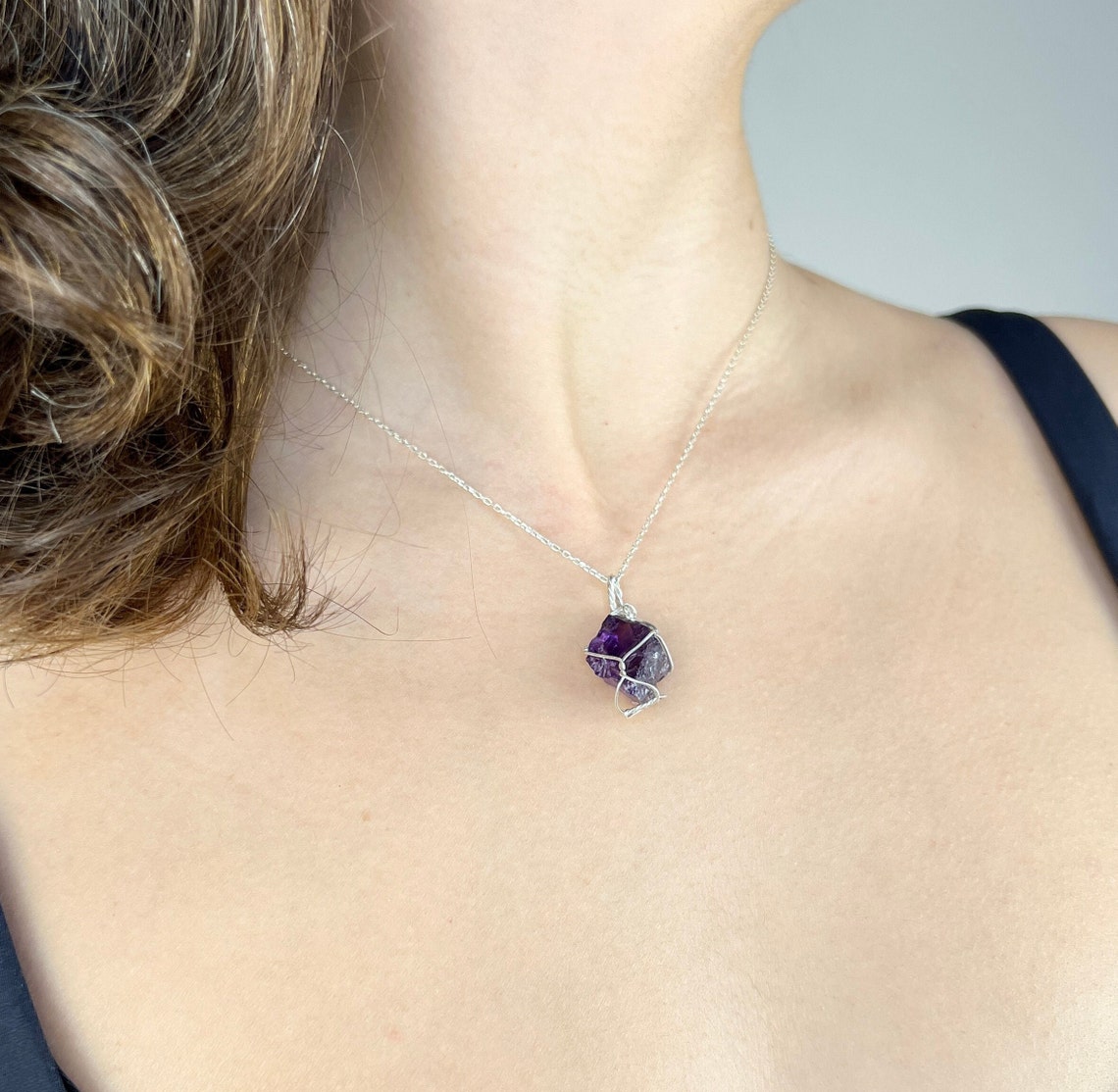Natural Raw Amethyst Necklace, Wire Wrapped in 925 Sterling Silver Rough Amethyst Crystal ...