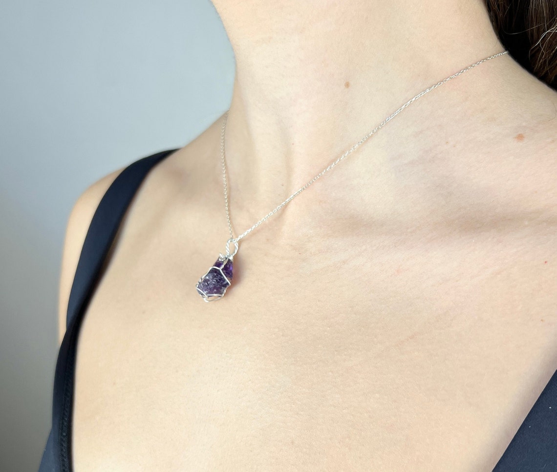 Natural Raw Amethyst Necklace, Wire Wrapped in 925 Sterling Silver ...