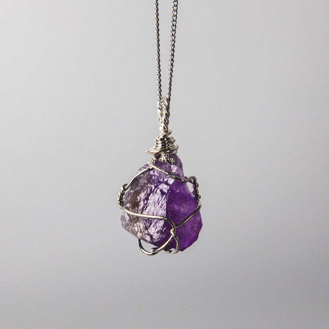 Natural Raw Amethyst Necklace, Wire Wrapped in 925 Sterling Silver ...