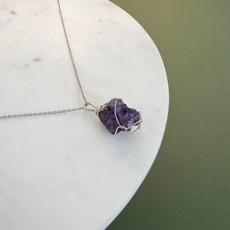 Natural Raw Amethyst Necklace, Wire Wrapped in 925 Sterling Silver Rough Amethyst Crystal ...