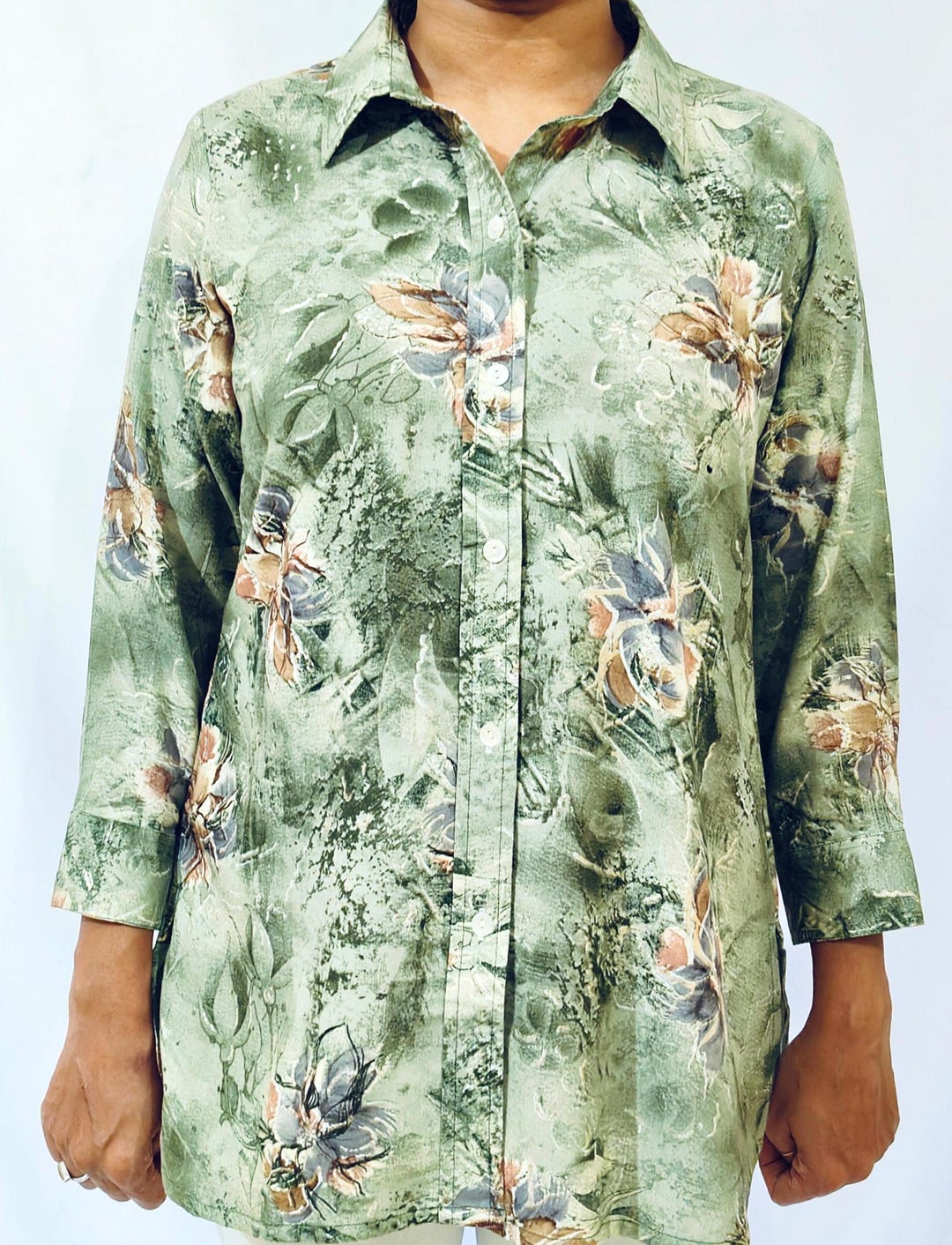 Women Shirt Spanish Green Floral Blouse Long Sleeves Collared Button ...