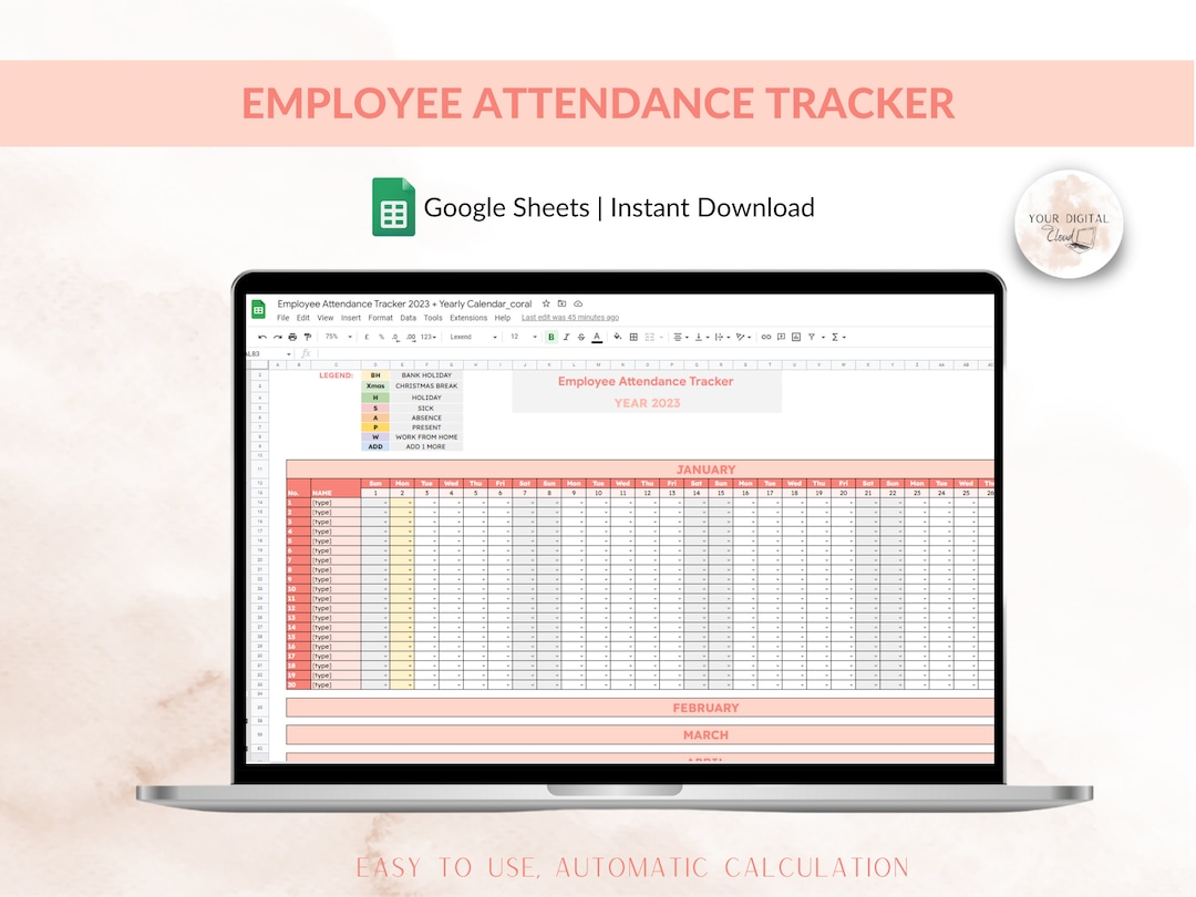 Employee Attendance Tracker,yearly Calendar,google Sheets Tracker ...