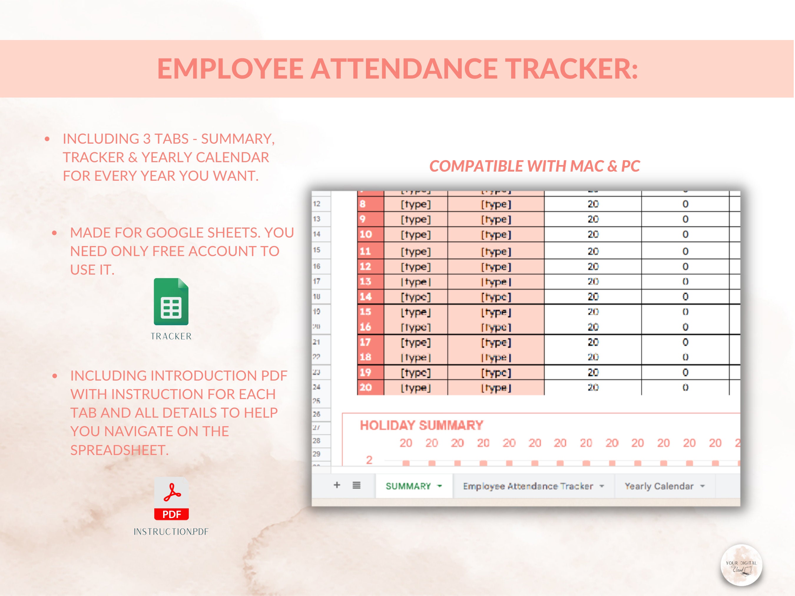 Employee Attendance Tracker,yearly Calendar,google Sheets Tracker ...