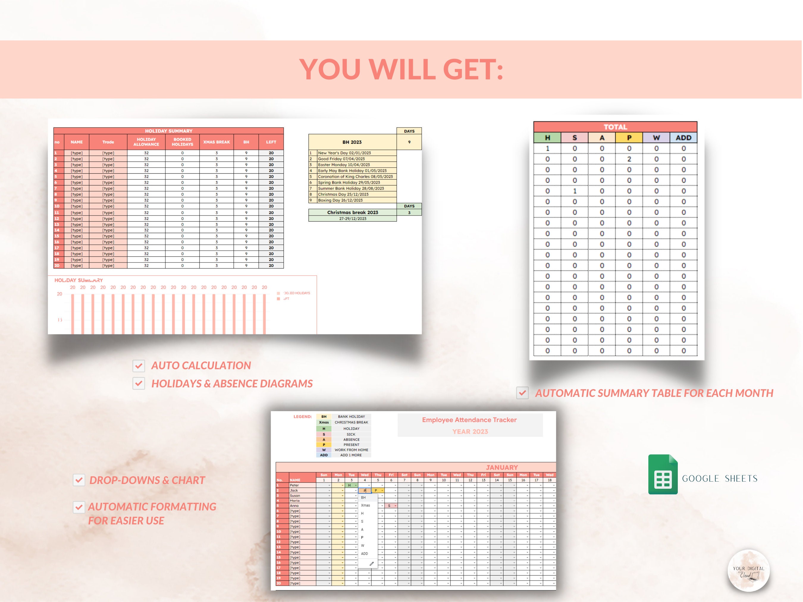 Employee Attendance Tracker,yearly Calendar,google Sheets Tracker ...