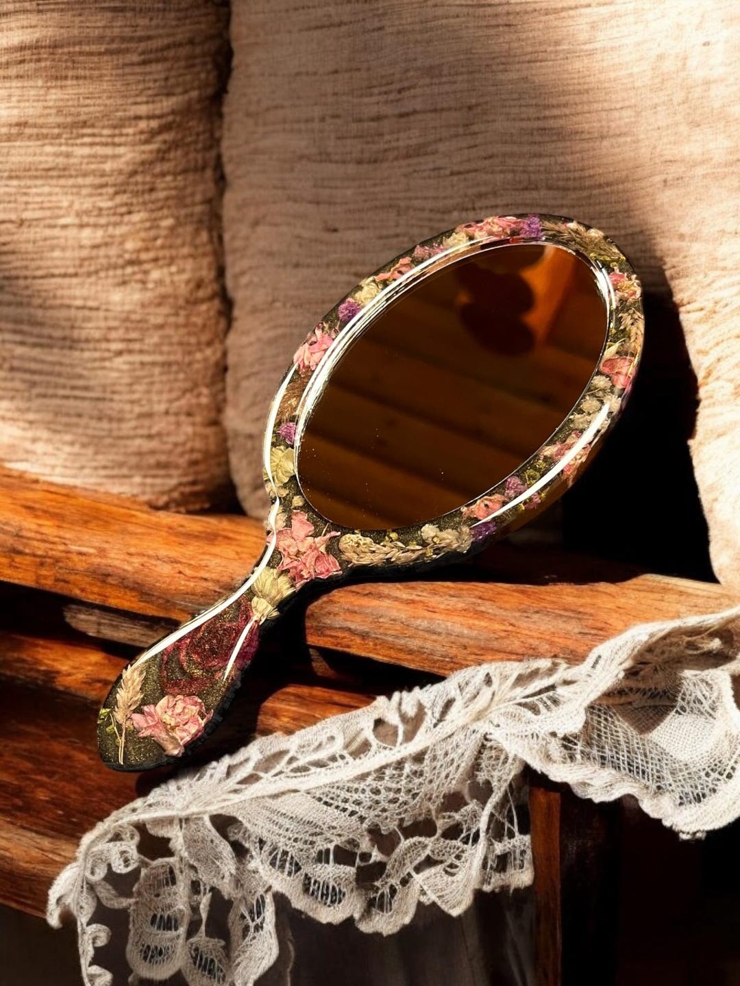 Eleganter Handgefertigte Handspiegel , Mit Getrockene Echte Blumen ...