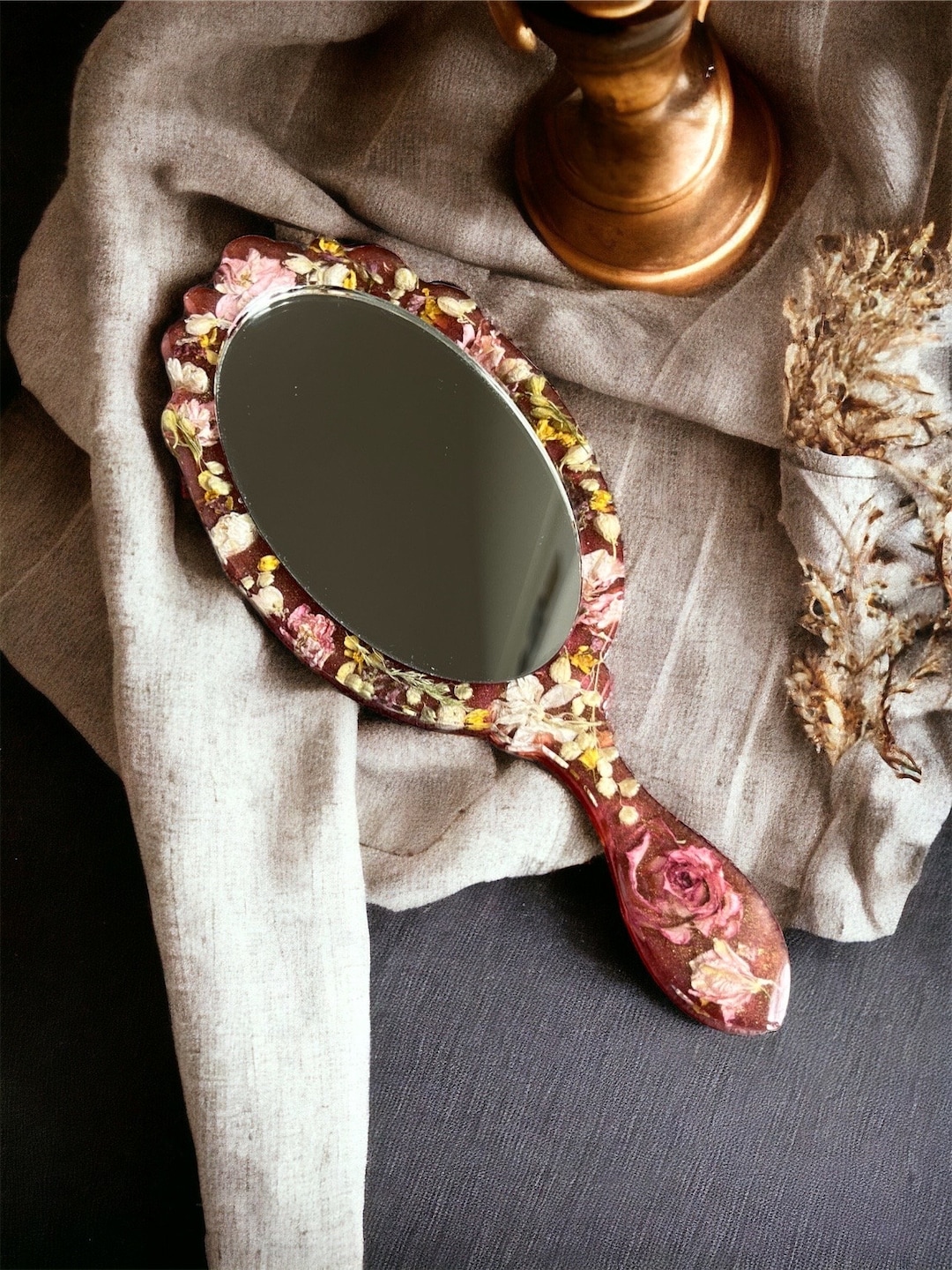 Eleganter Handgefertigte Handspiegel , Mit Getrockene Echte Blumen ...