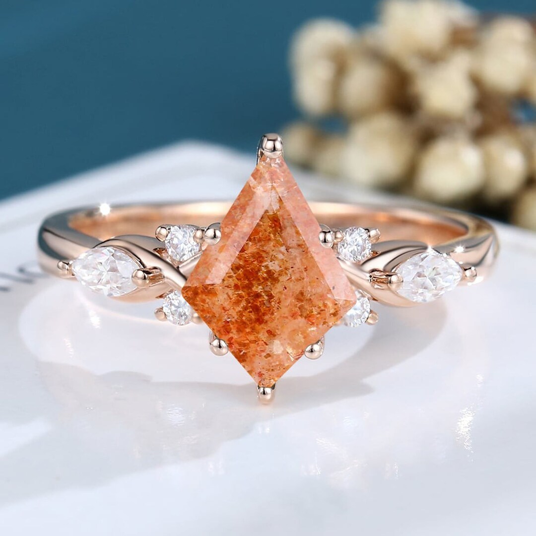 Kite Cut Sunstone & Moissanite Ring Silver Sterling, April Birthstone ...