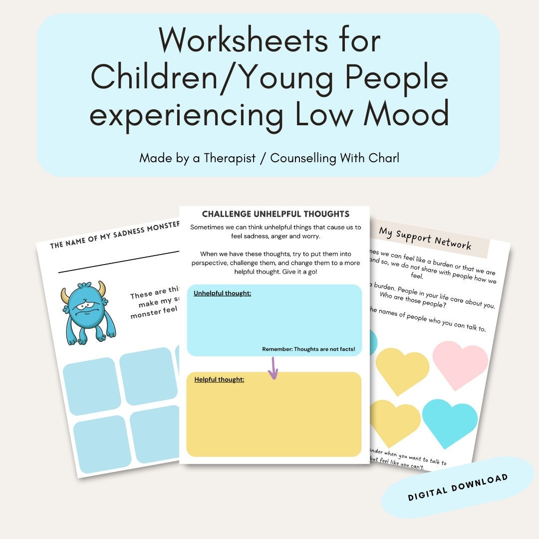 Low Mood Depression Worksheets for Children & Young People Mental Health School Counselor ...