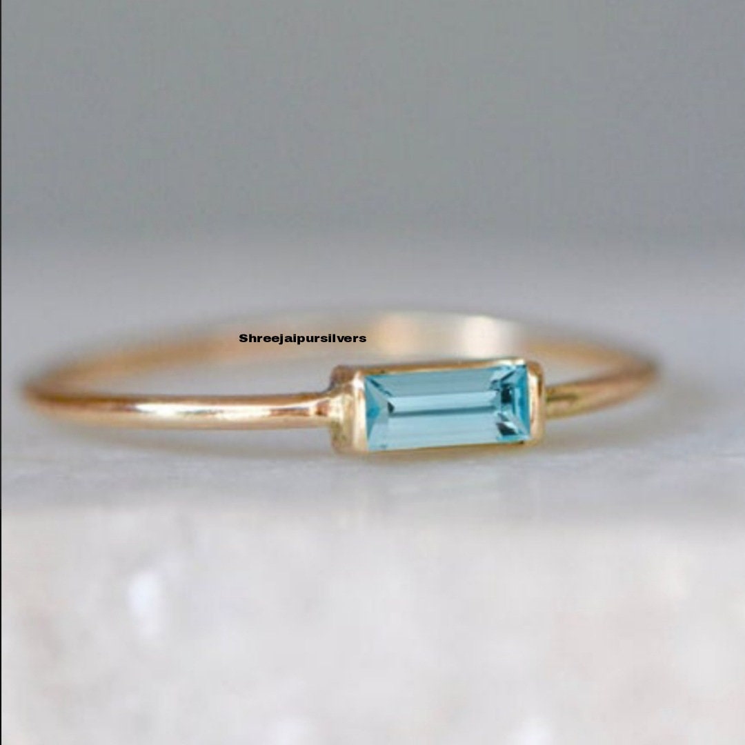 December Birthstone Ring, Baguette Cut Blue Topaz Ring, Engraved Gold ...