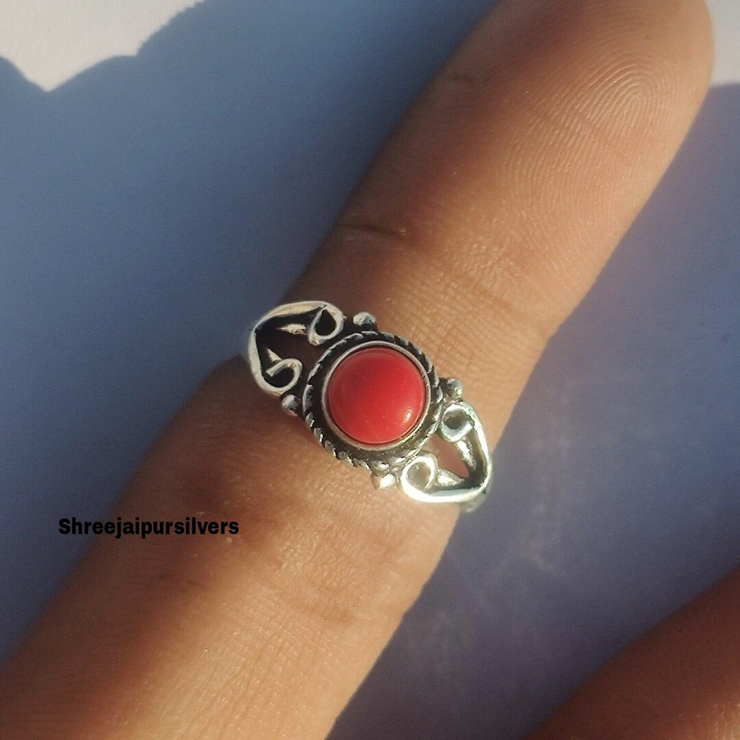 Round Coral Ring, Natural Moonga Ring, Handmade Ring, Sterling Silver ...