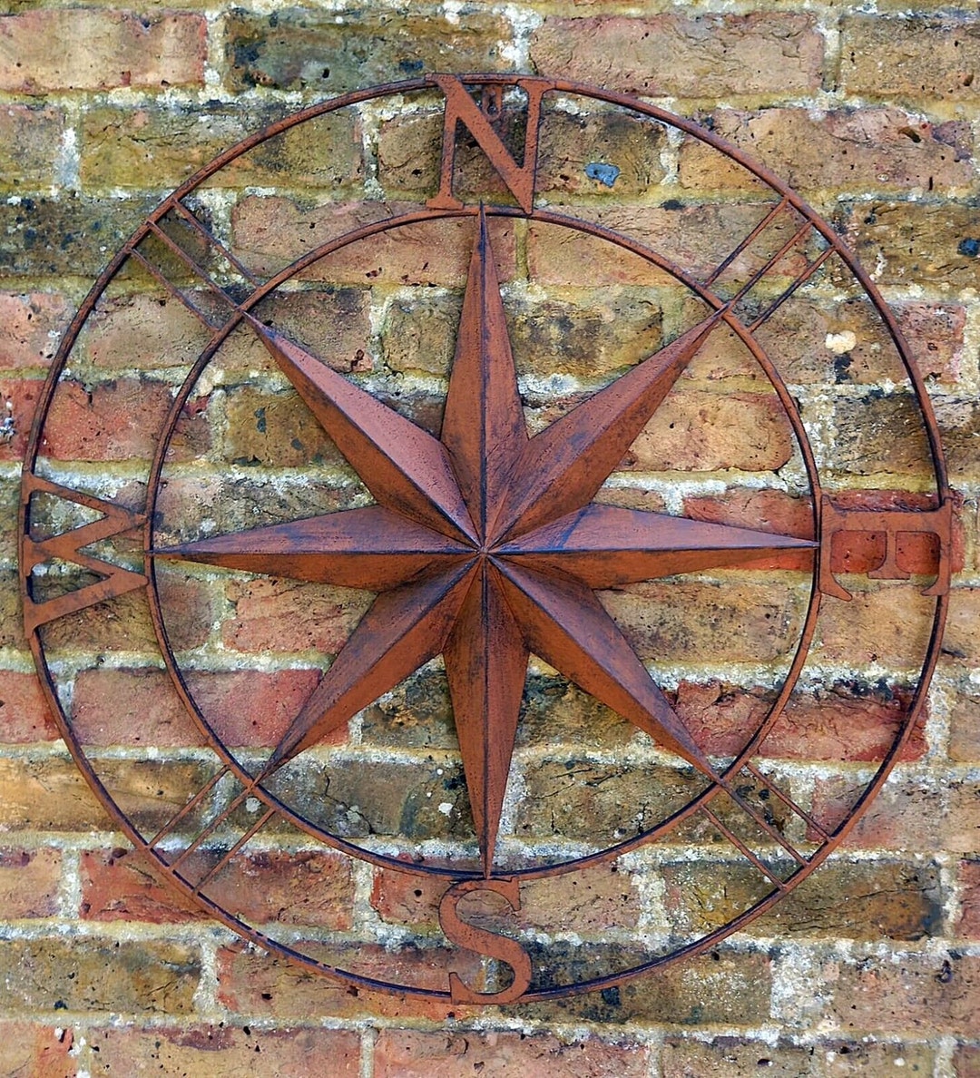 Rust Coloured Round Metal Compass Wall Art Screen Plaque 74cm Tall ...