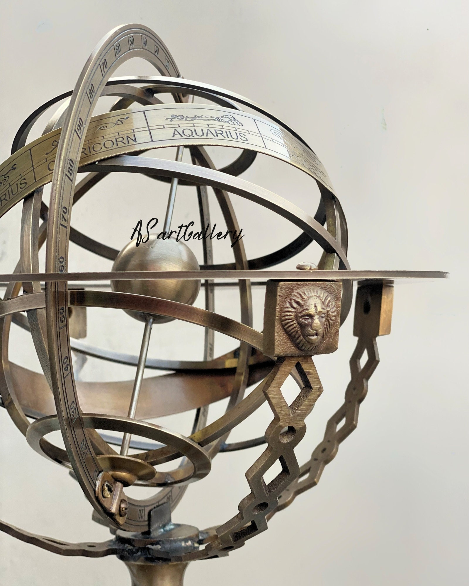 18'' Brass Antique Armillary Globe With Direction Compass on Wooden ...