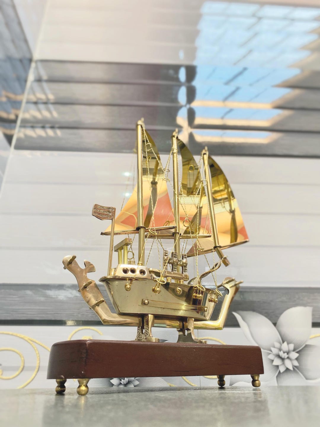 Brass Ship Model – Vintage Maritime Decor on Wooden Base - Etsy
