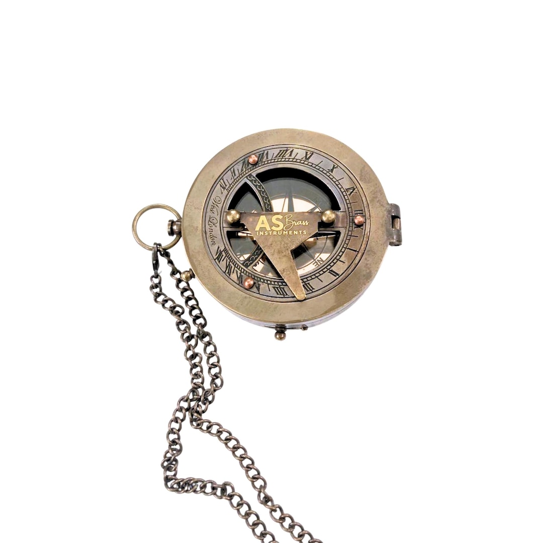 Brass Antique Sundial Compass With Chain, Working Direction Flat ...