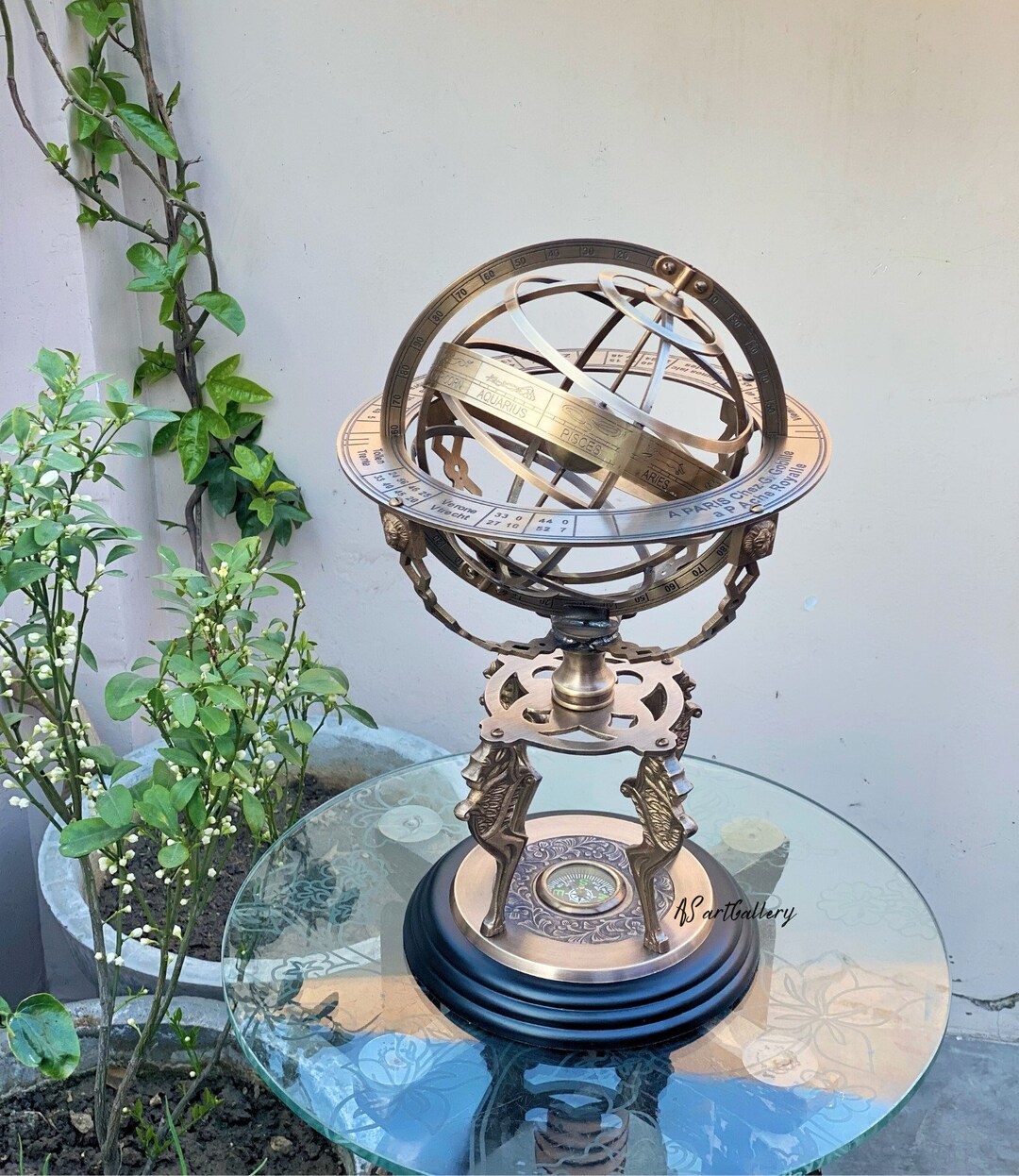 18'' Brass Antique Armillary Globe With Direction Compass on Wooden ...