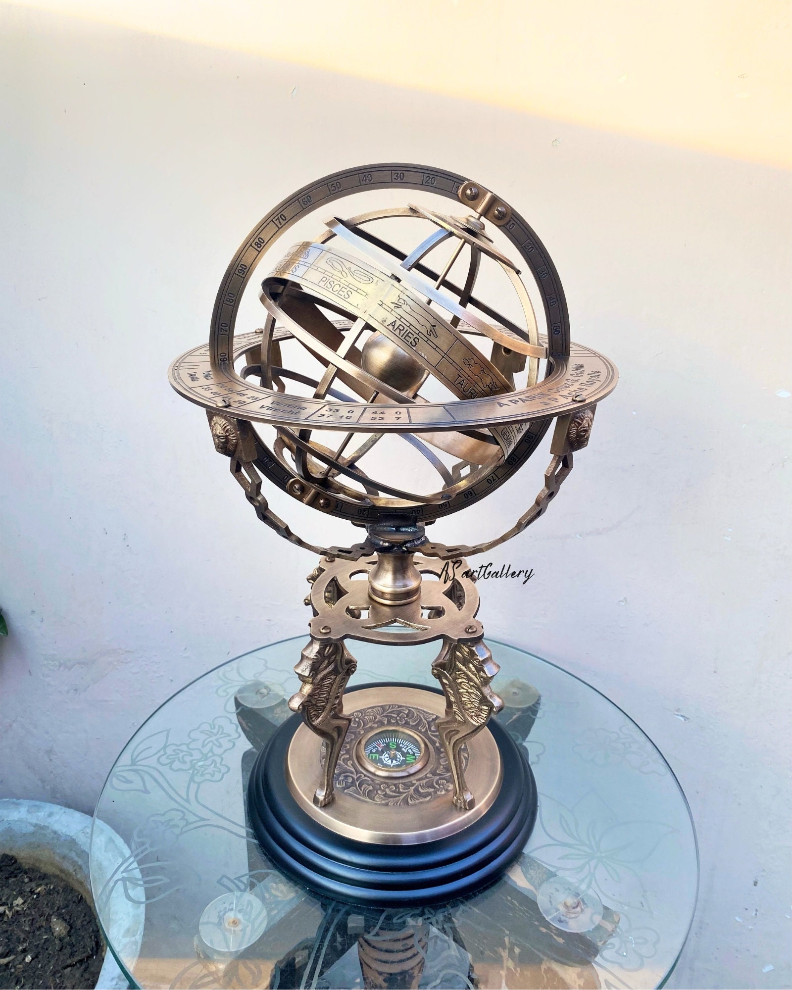 18'' Brass Antique Armillary Globe With Direction Compass on Wooden ...