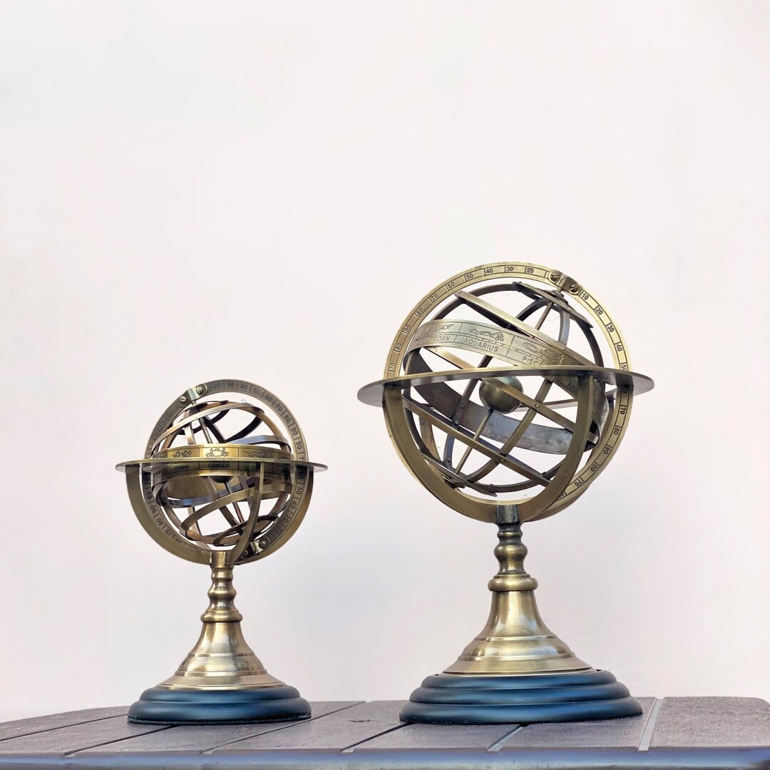 Vintage Brass Armillary Sphere With Wooden Base – Nautical Table Decor ...