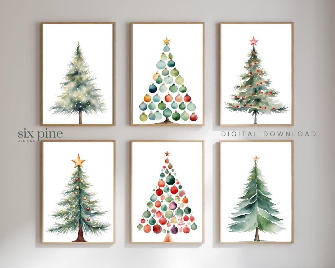 Christmas Tree Watercolor Print, Set of Six, Christmas Wall Art ...