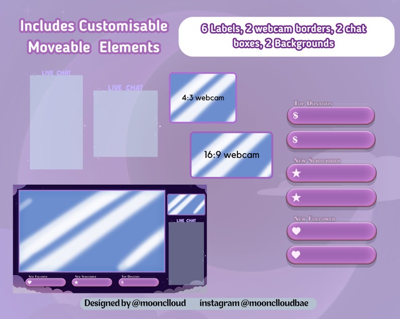 Animated Celestial Moon Cloud Sky Purple Pink Twitch Overlay Screen ...