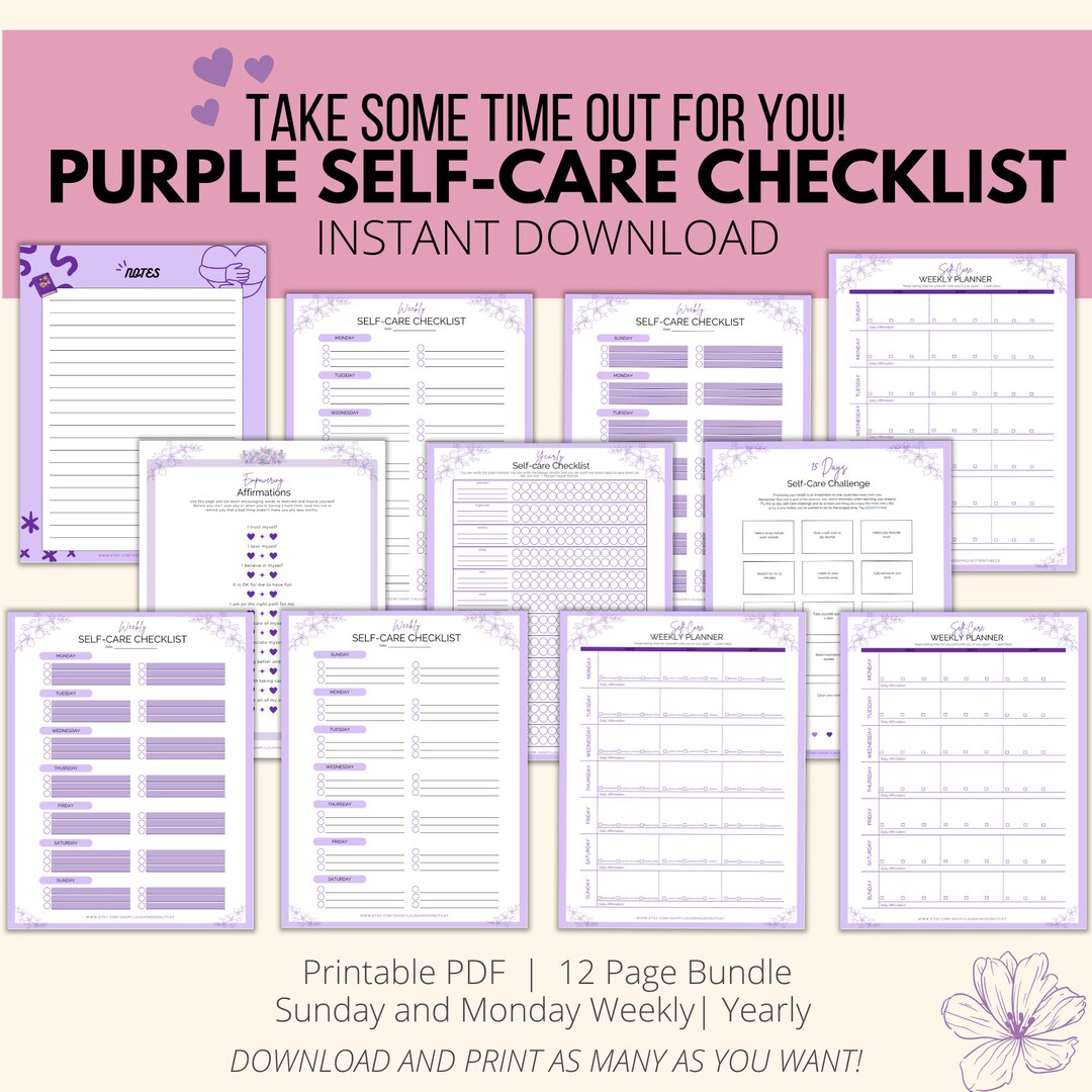 Purple Self Care Printable Checklist Self Care Planner Selfcare