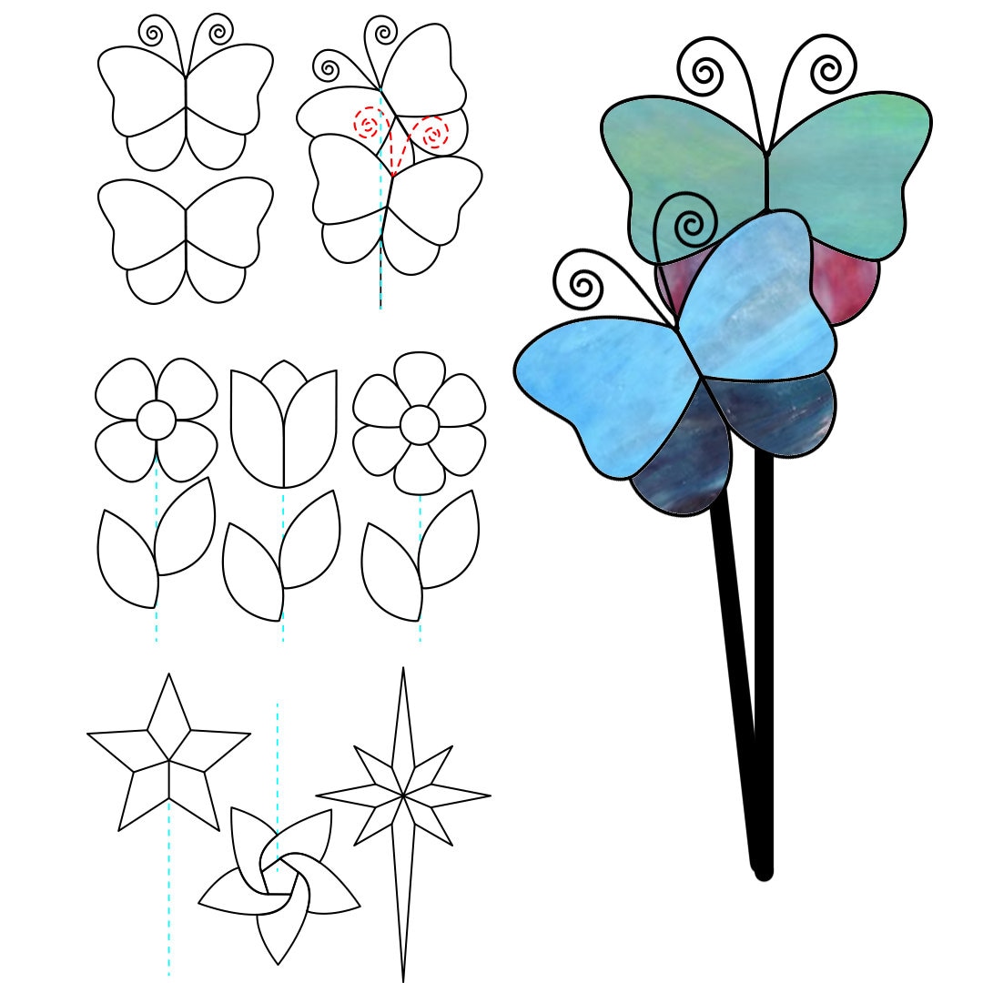 GARDEN Stakes Stained Glass Patterns - Butterfly - Flowers - Stars - 3 ...