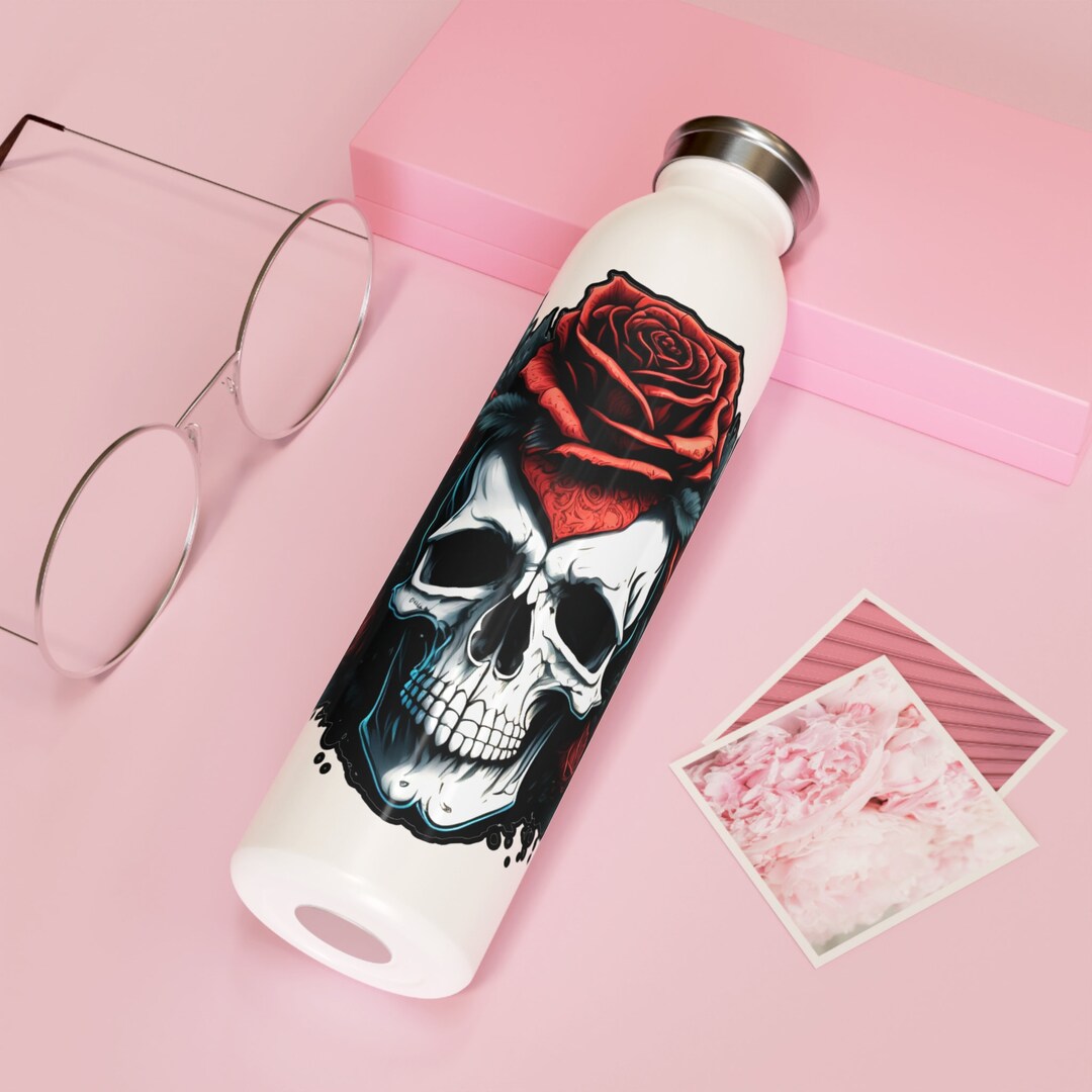 Slim Water Bottle Skull With Red Roses - Etsy