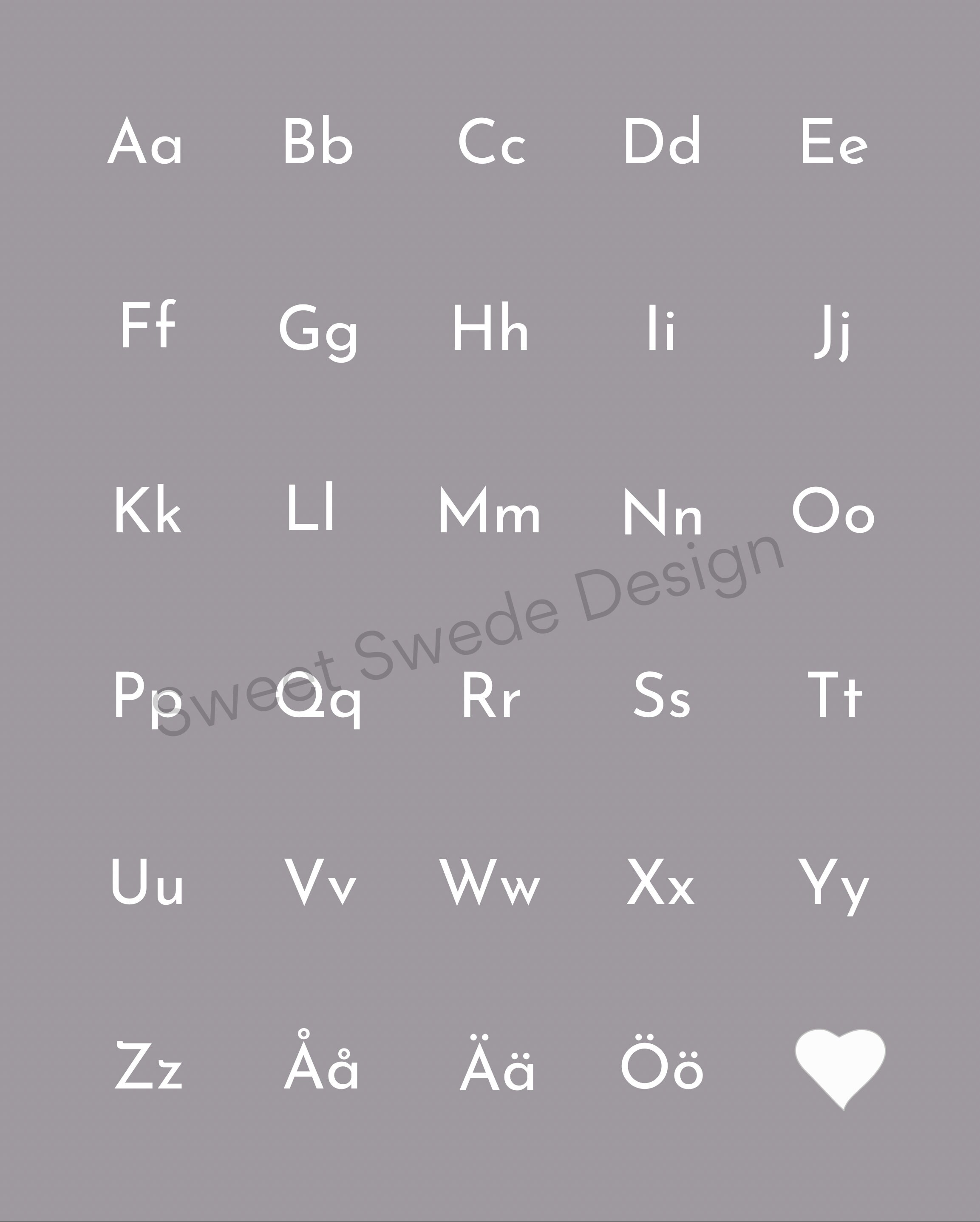 Simple Swedish Alphabet Chart With Heart Perfect for Your Nursery or ...