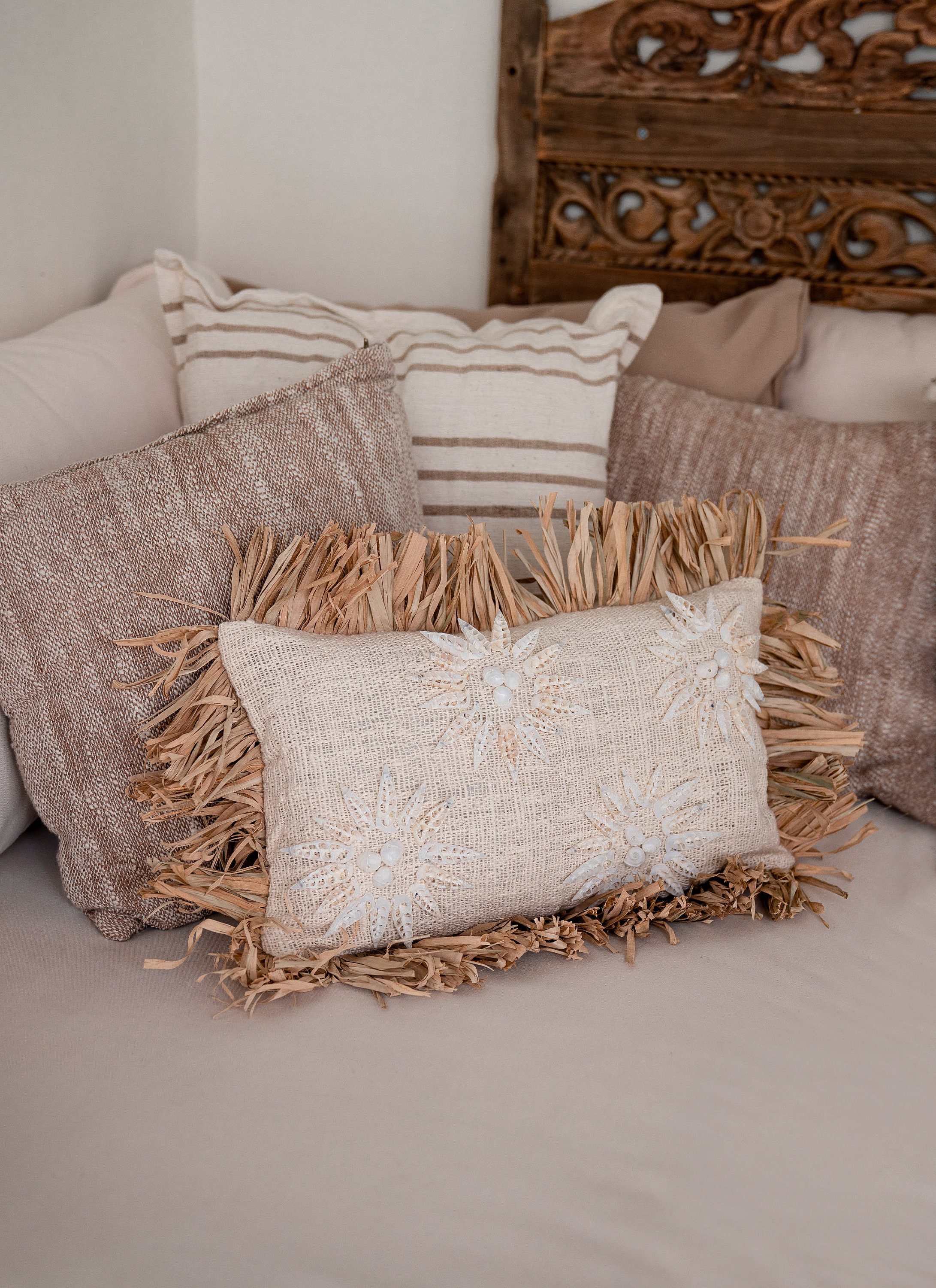 Rectangular Raffia Fringed Cotton Cushion Cover With Shells - Etsy