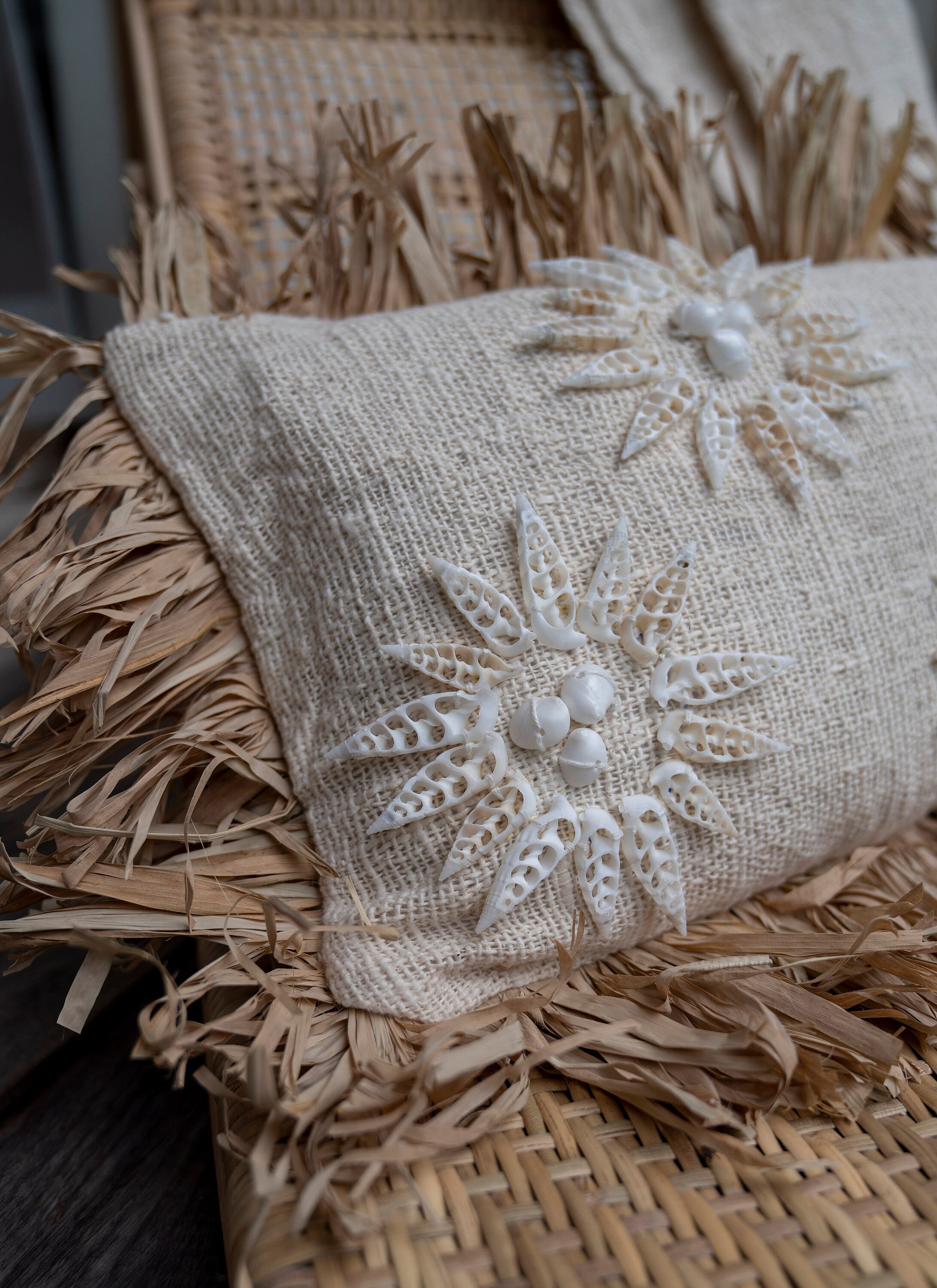 Rectangular Raffia Fringed Cotton Cushion Cover With Shells - Etsy