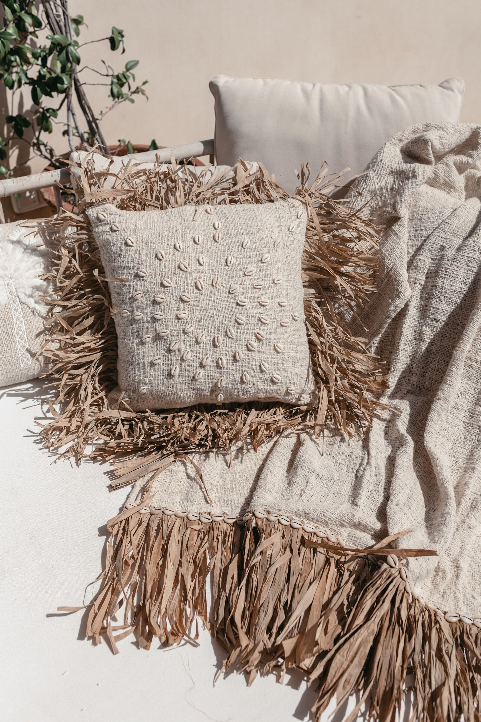 Raw Cotton and Seashells Throw With Raffia Fringes Handmade in Bali ...