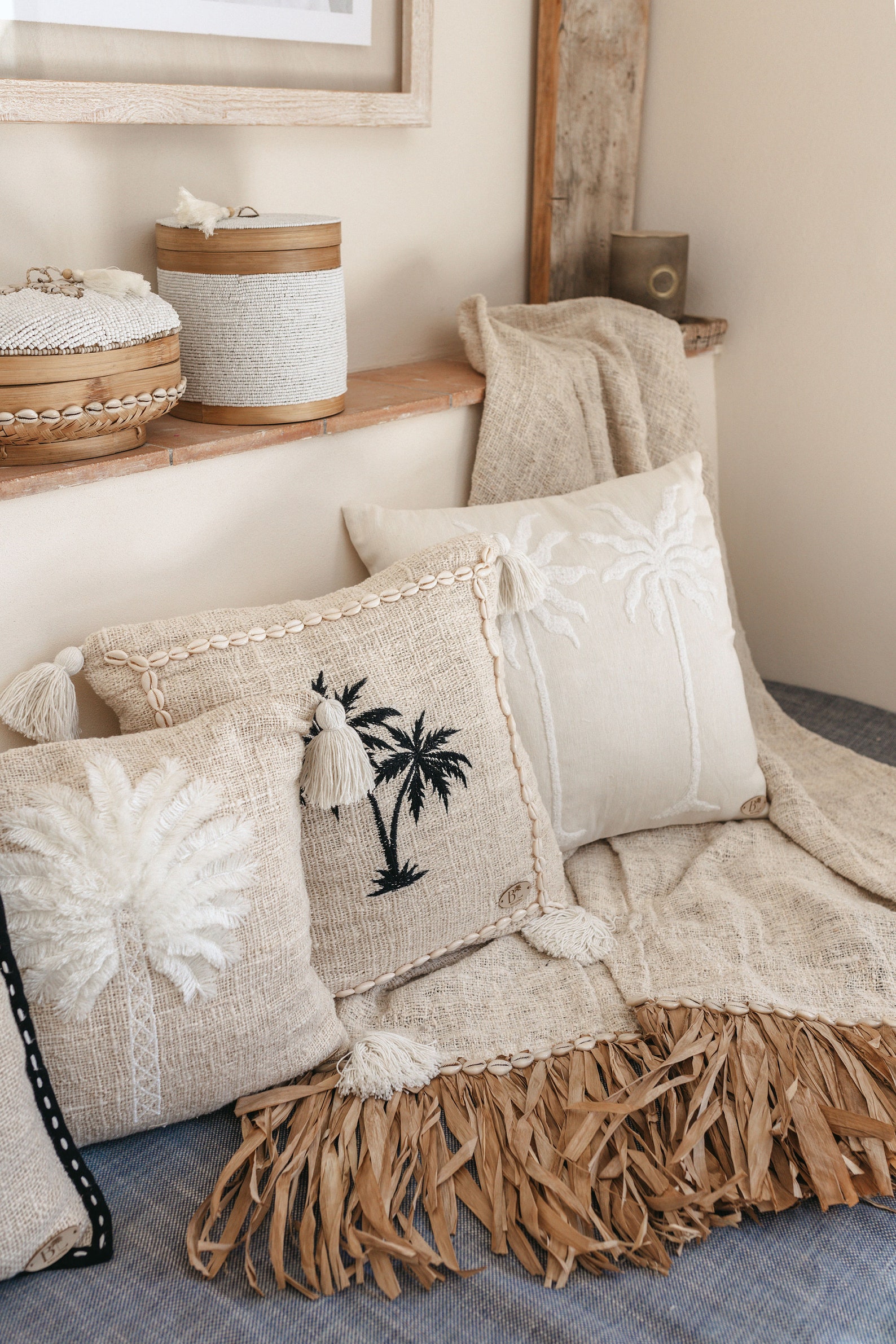 Raw Cotton and Seashells Throw With Raffia Fringes Handmade in Bali ...