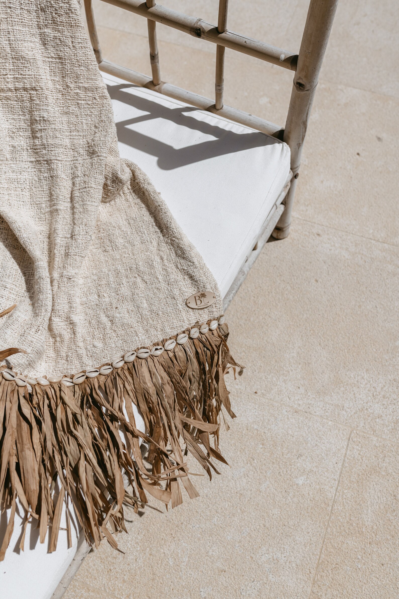 Raw Cotton and Seashells Throw With Raffia Fringes Handmade in Bali ...