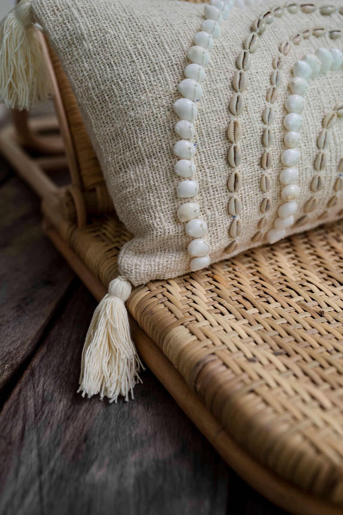 Rainbow Rectangular Cotton Cushion Cover Decorated With Shells and Pom Poms Beige, Raw Cotton ...