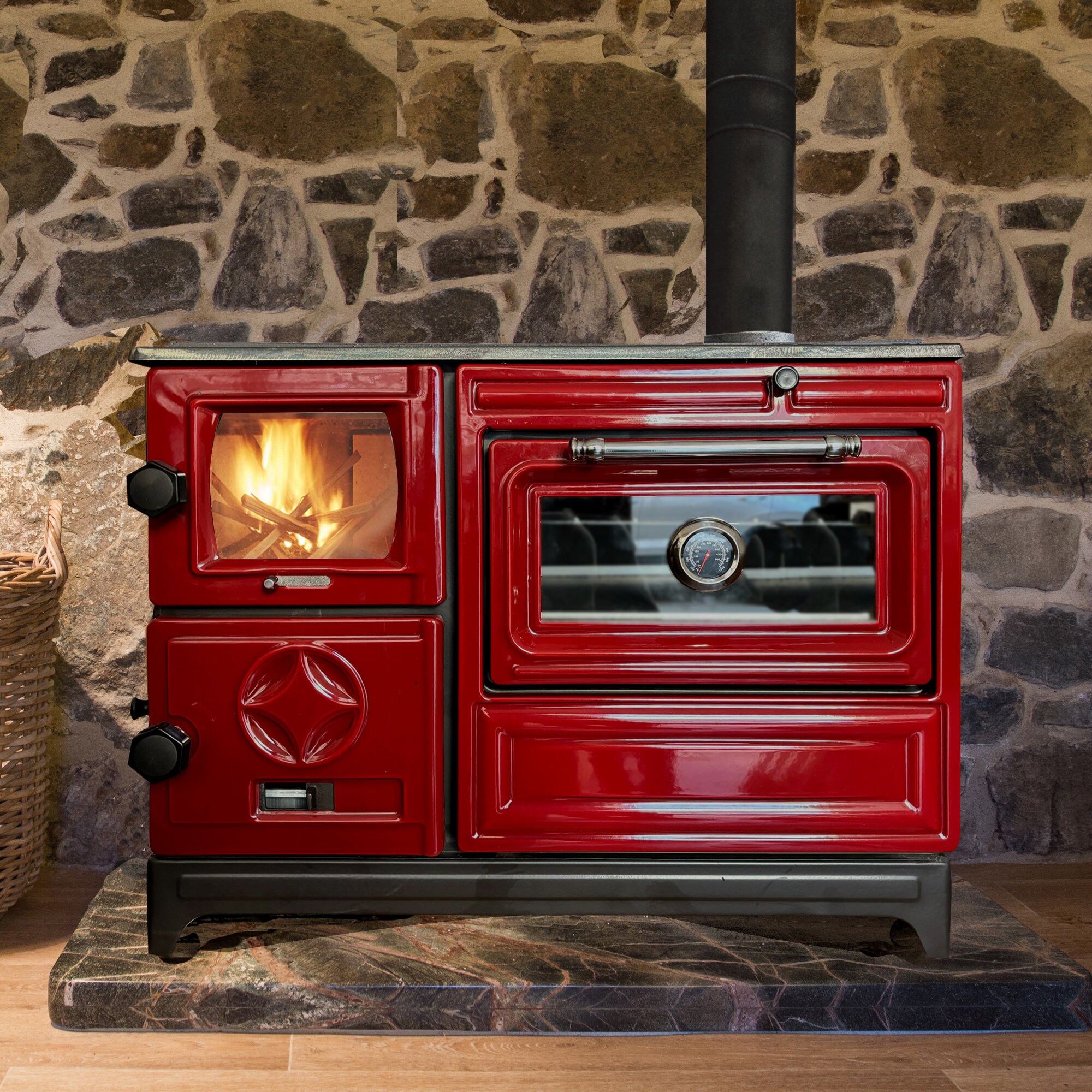 Red Cast Iron Stove, Burning Fireplace Wood Stove Cooker Stove ...