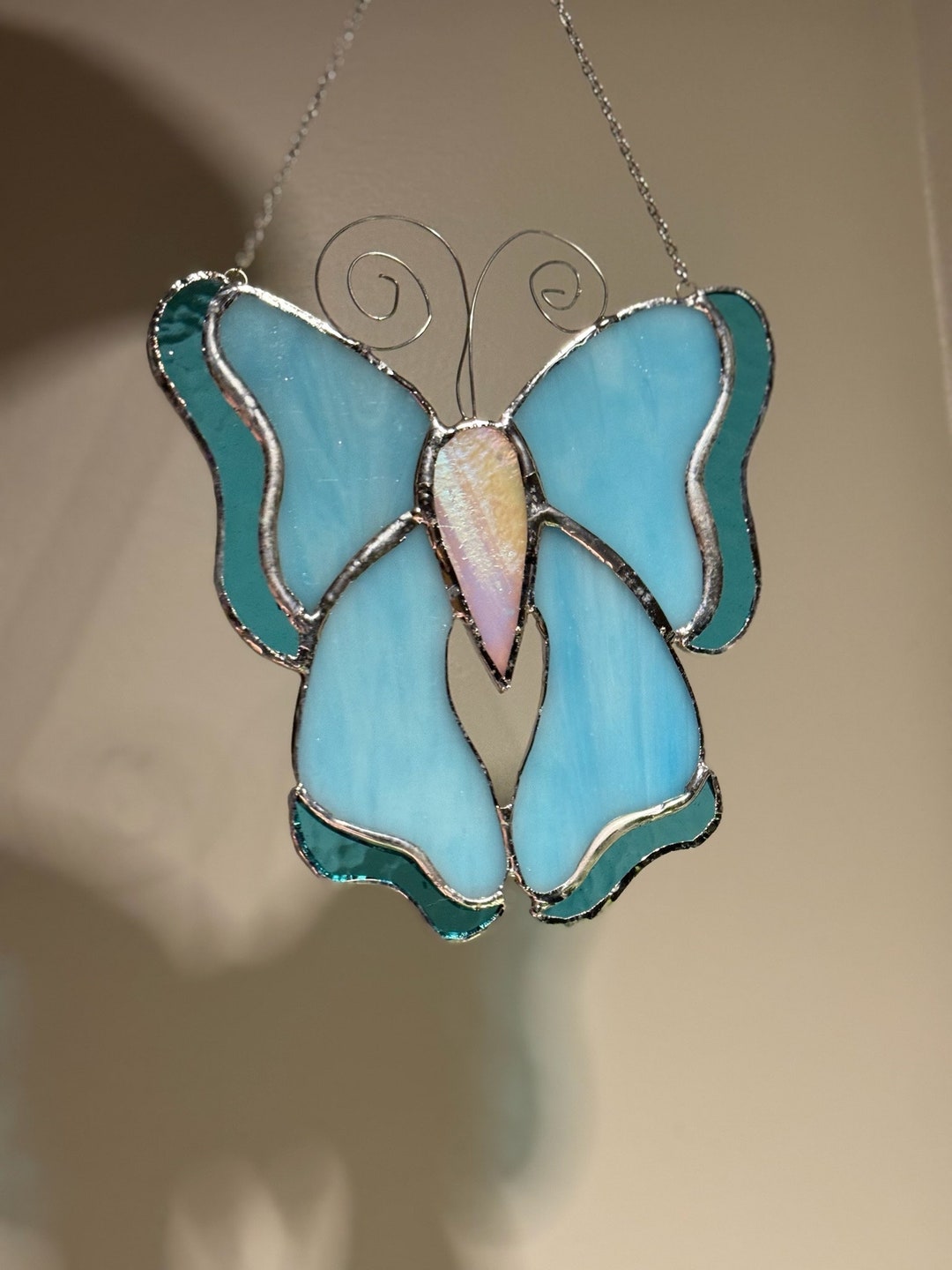 Blue Butterfly Irridescent Stained Glass Window Hangings Mothers Day ...