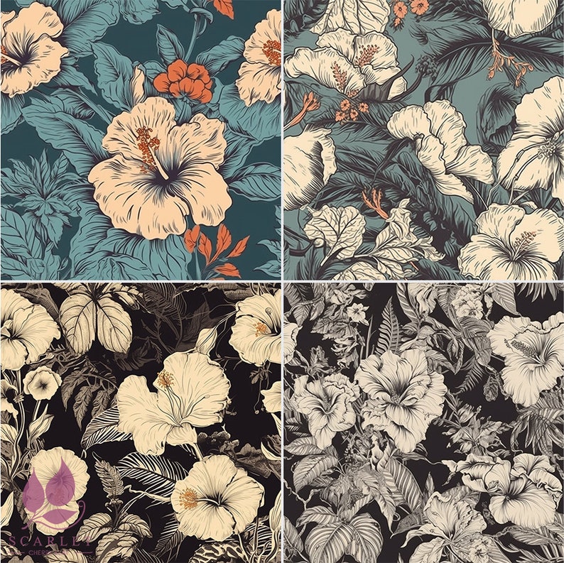 Vintage Hibiscus Flowers, Digital Paper, Seamless Pattern, Digital ...