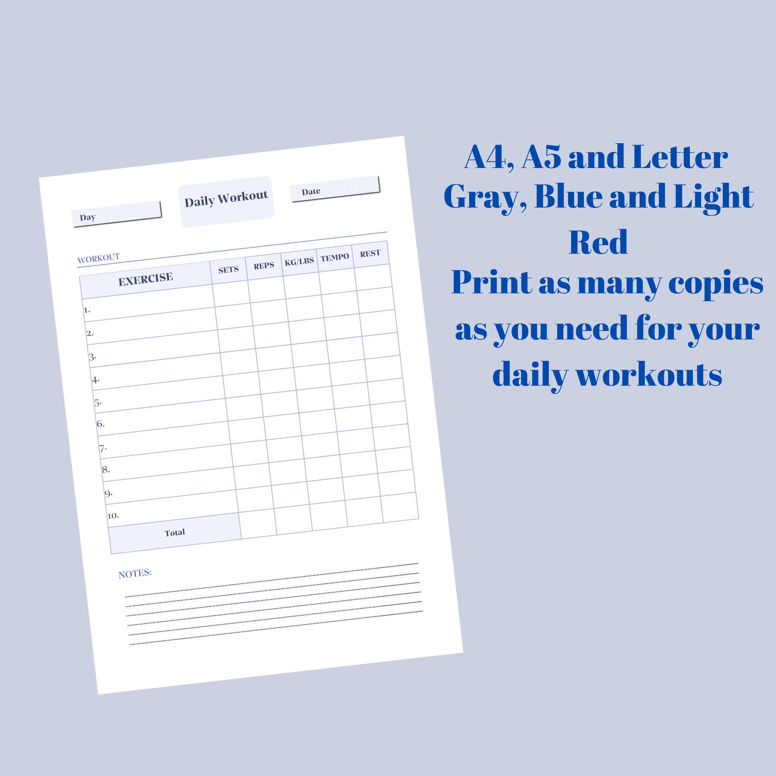 Printable Daily Workout Log, 3 Formats,3 Colours, Exercise, Sets ...