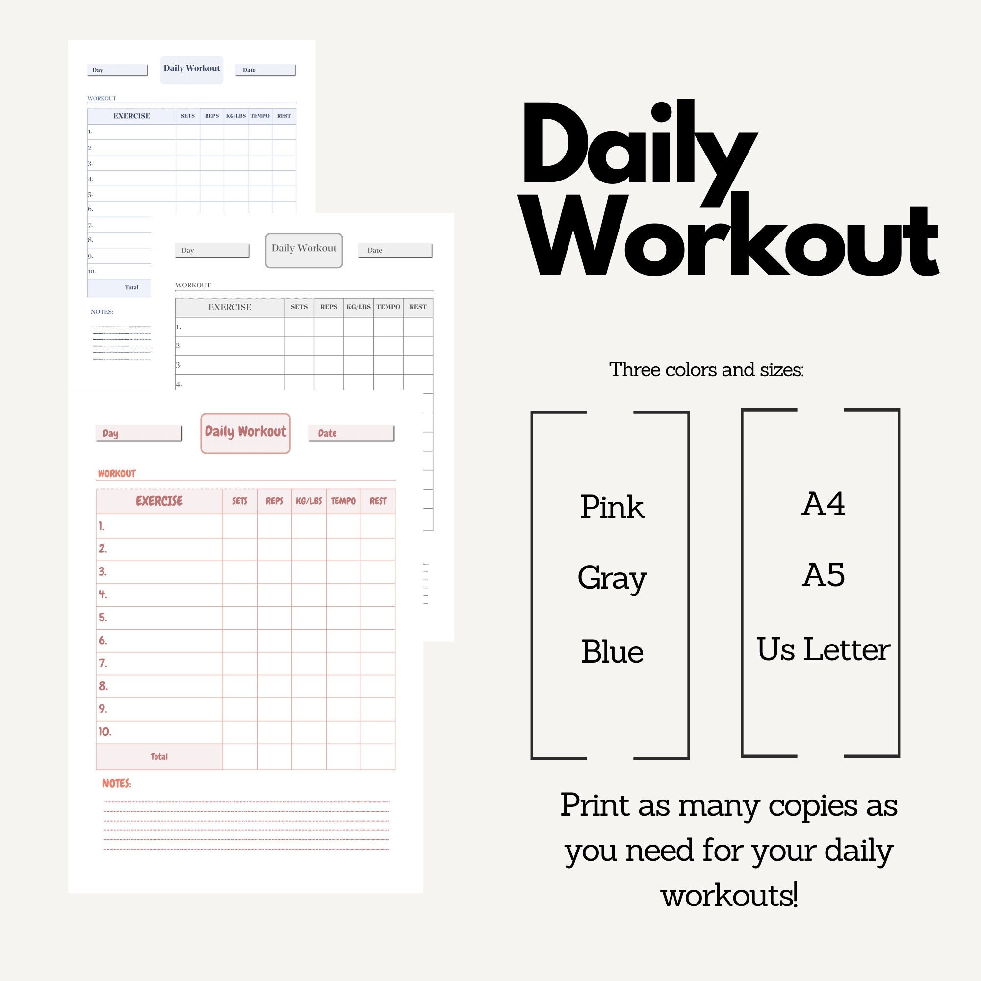 Printable Daily Workout Log, 3 Formats,3 Colours, Exercise, Sets ...