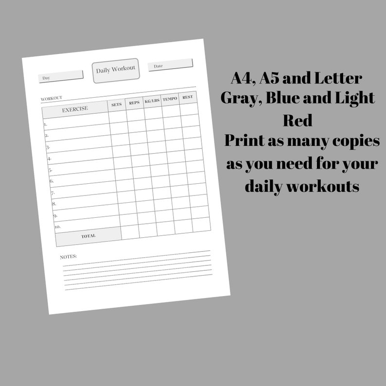 Printable Daily Workout Log, 3 Formats,3 Colours, Exercise, Sets ...