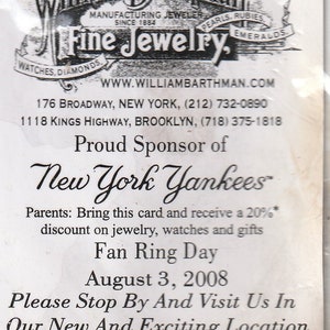 New York Yankees Fan Ring Day - Game-day Give-a-way. August 3, 2008 - Etsy