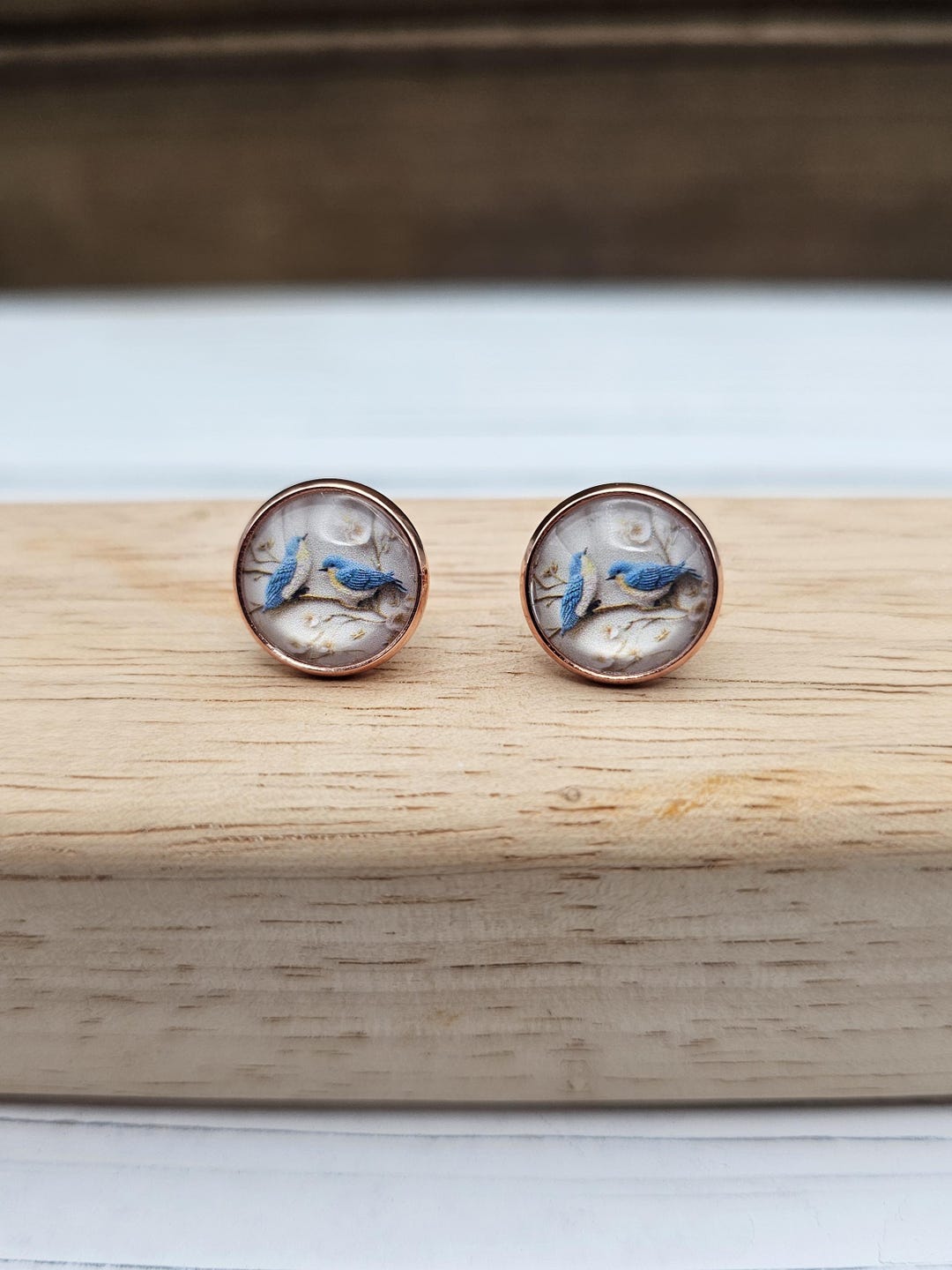 Blue Bird Stud Earrings, Dainty Blue Bird Earrings a Rose Gold Setting ...