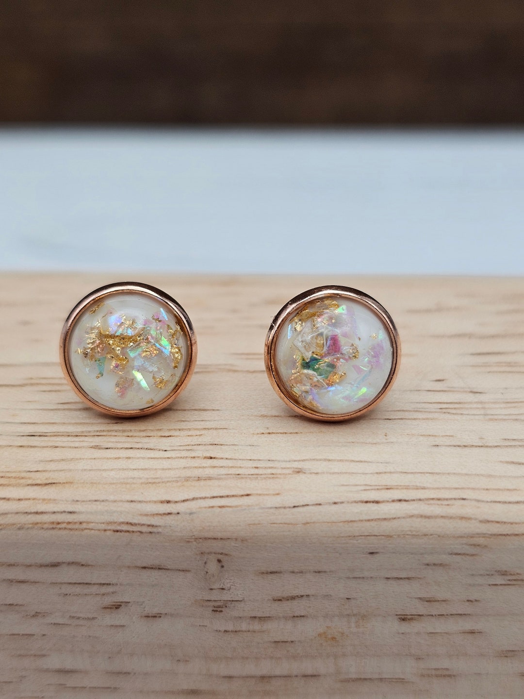 Iridescent Gold Fleck Studs, Rose Gold Shimmer Earrings, Gold Iridescent Earrings, Rose and Opal ...