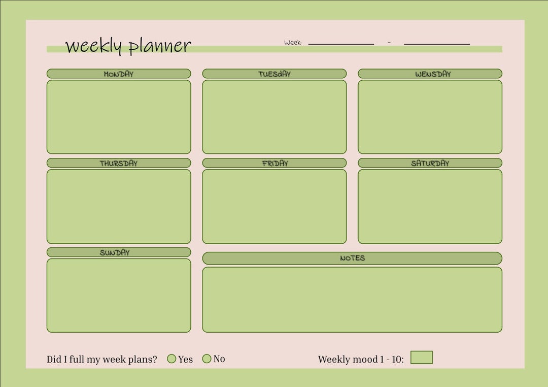 GREEN Weekly Digital Planner Printable - Etsy